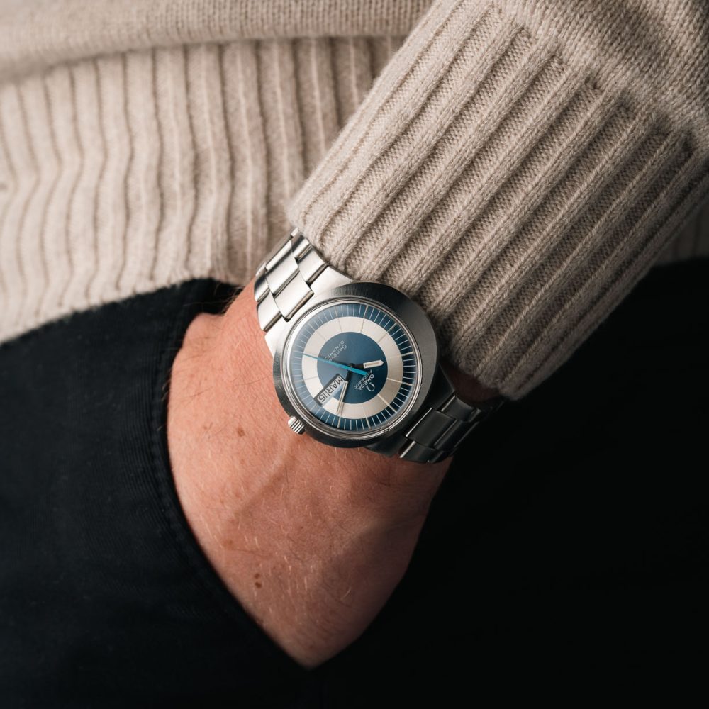 Vintage Omega Genève Dynamic Day Date with blue and white dial in ...